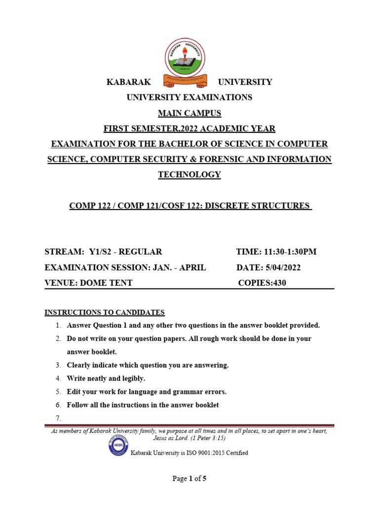 COMP 122 COMP 121 COSF 122 DISCRETE STRUCTURES April 2022 | PDF ...