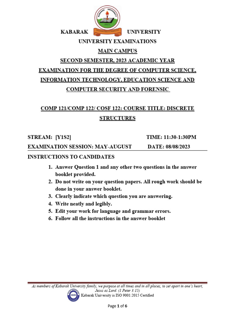 COMP 121/122 Discrete Structures Exam | PDF | Mathematical Logic | Logic