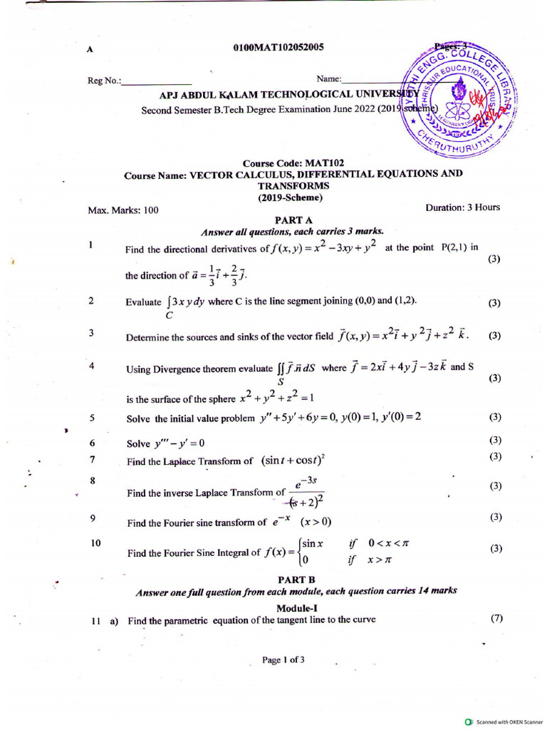 Mat102 Vector Calculus Differential Equations And Transforms June Pdf