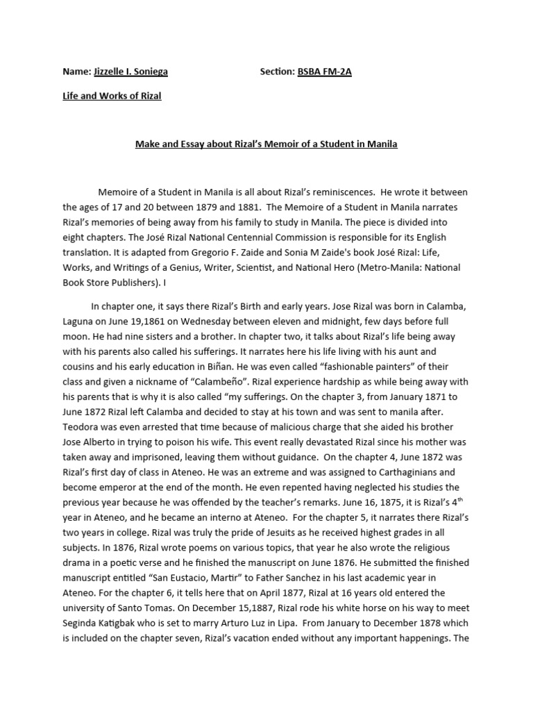 Essay of Memoir of The Student in Manila | PDF | Social Science | Classics