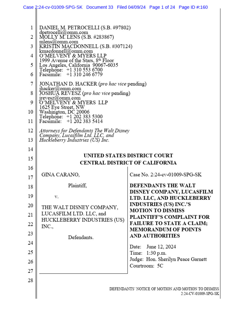 Attorneys For Defendants The Walt Disney Company, Lucasfilm Ltd. LLC ...