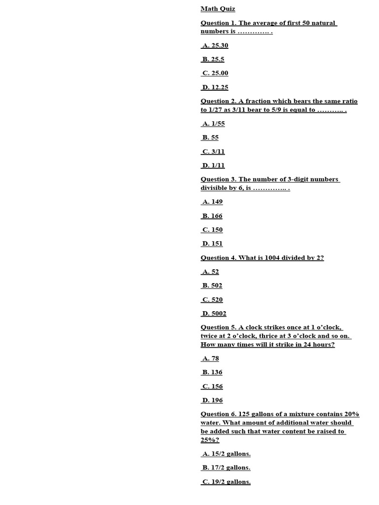 General Math Quiz | PDF | Elementary Mathematics | Numbers