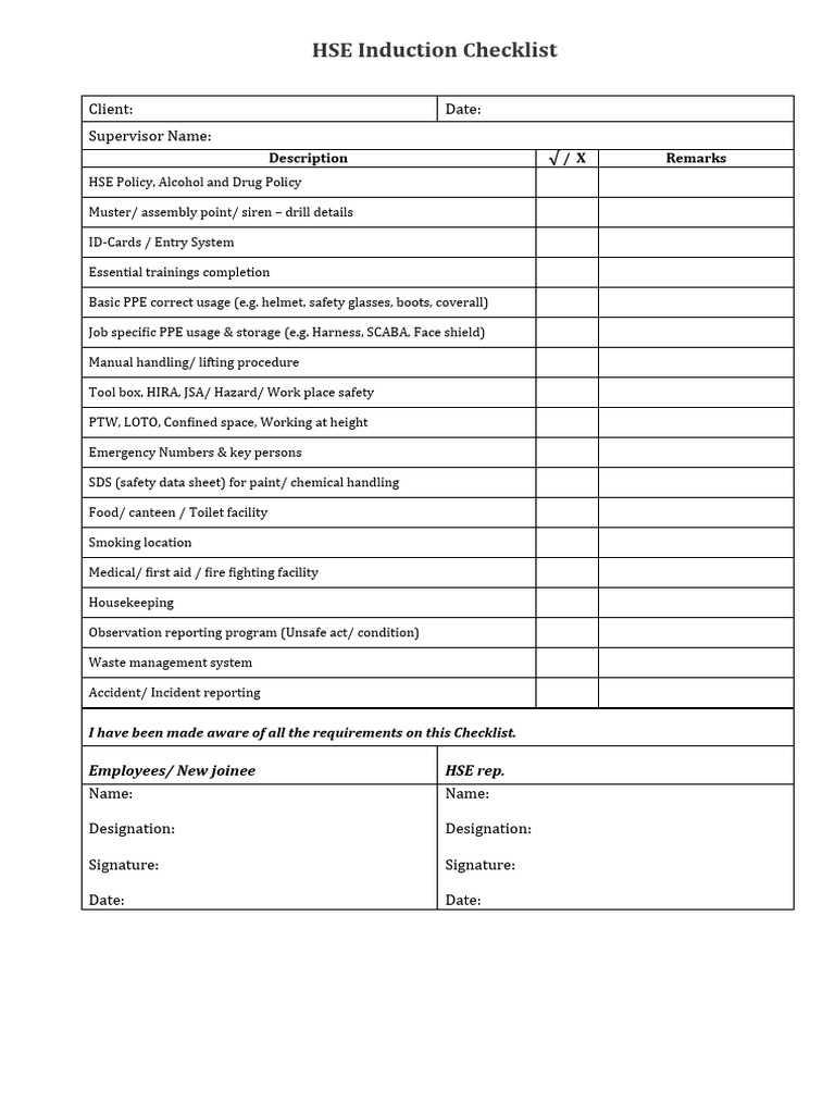 HSE Induction Checklist Guide | PDF | Technology & Engineering