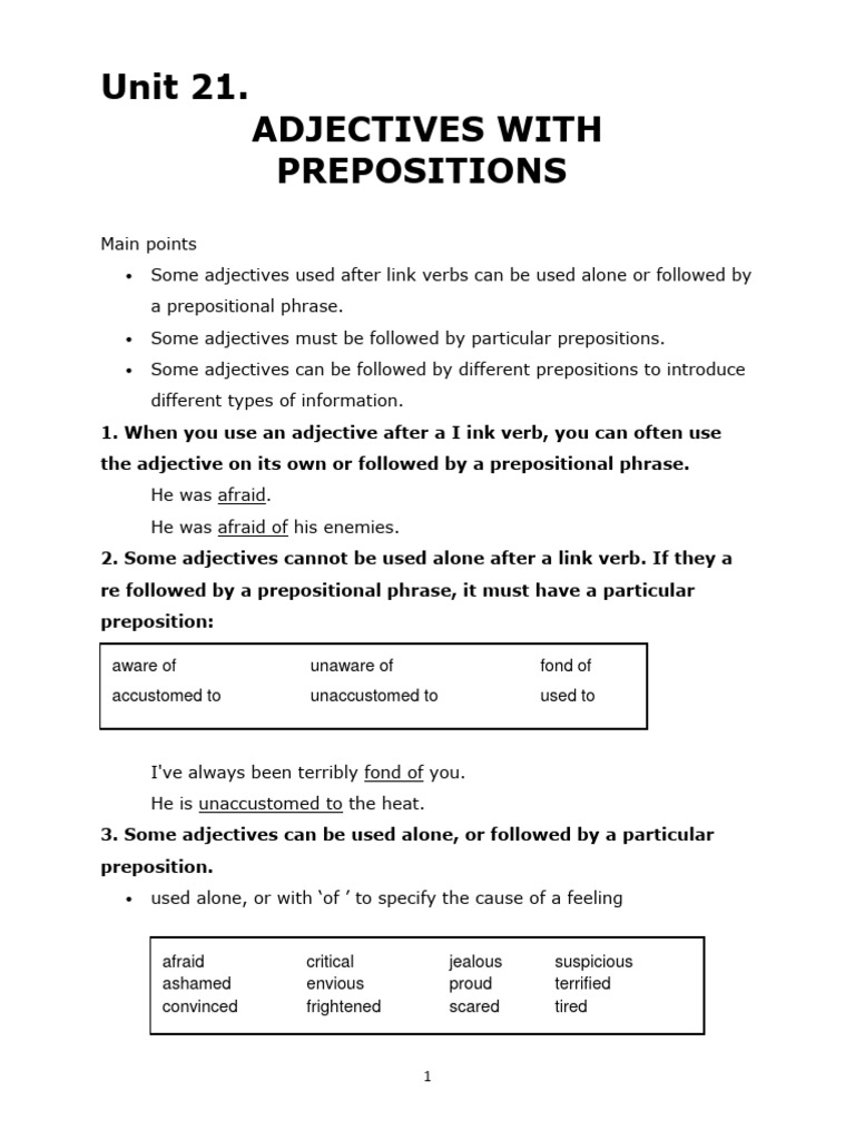 Unit 21 - Adjectives With Prep | PDF | Adjective | Preposition And Postposition