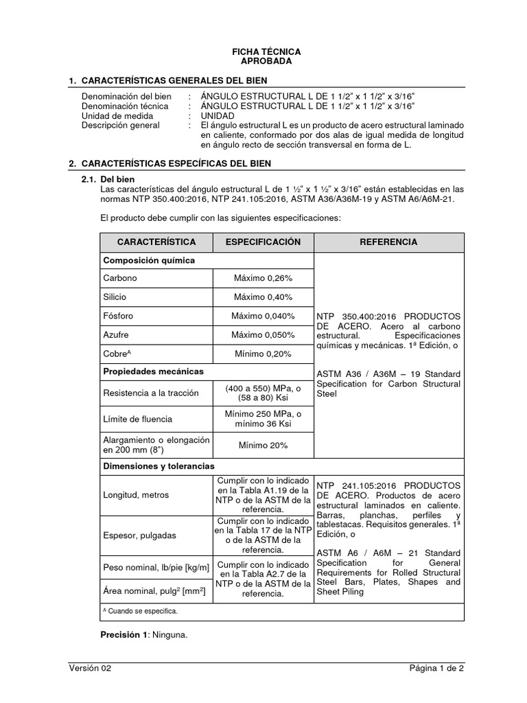 Ficha Técnica Ángulo Estructural 1 1/2" | PDF | Acero | Materiales