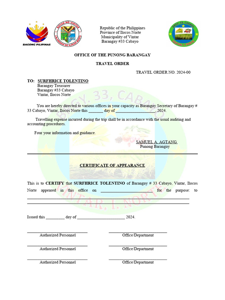 Travel Order _ Brgy Treasurer | PDF