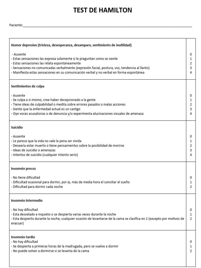 Análisis de Depresión: Test de Hamilton | PDF | Depresión (estado de ...