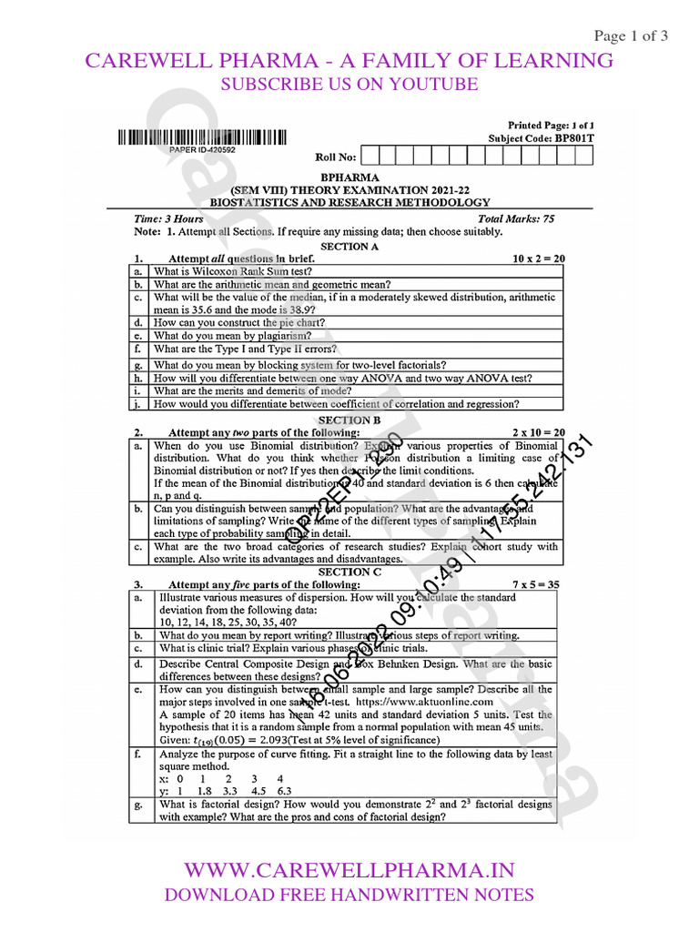 Biostatistics and Research Methodology, 8th Sem, AKTU Previous Year Question Paper, Carewell ...