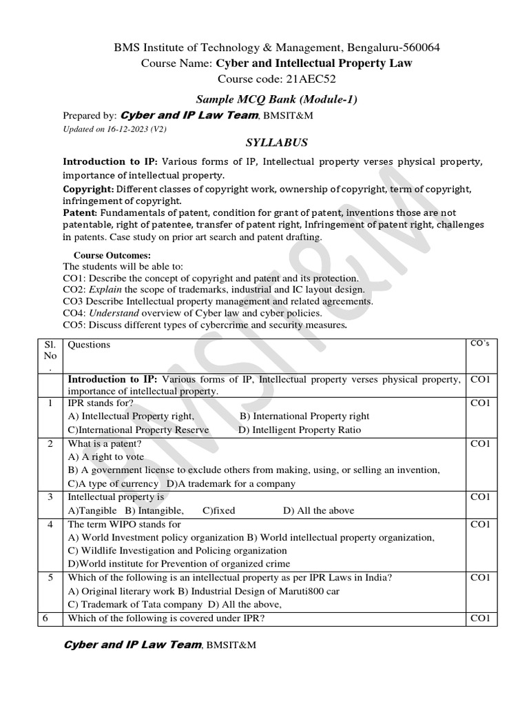 Cyber & IP Law MCQ Bank Module 1 | PDF | Patent | Glossary Of Patent ...