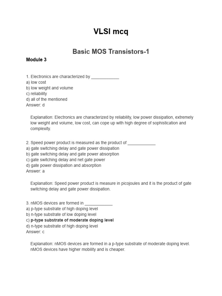 VLSI MCQ Bmsit | PDF | Mosfet | Field Effect Transistor