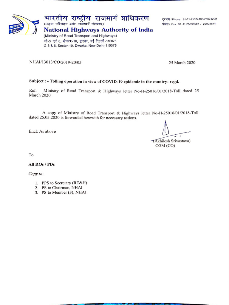 MoRTH Letter DT 25 March 2020 To Allow Traffic Free | PDF
