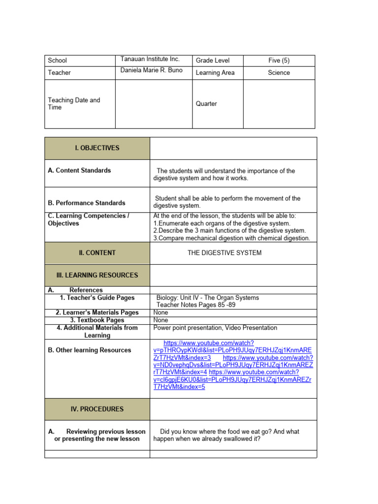7E Lesson Plan | PDF | Human Digestive System | Digestion