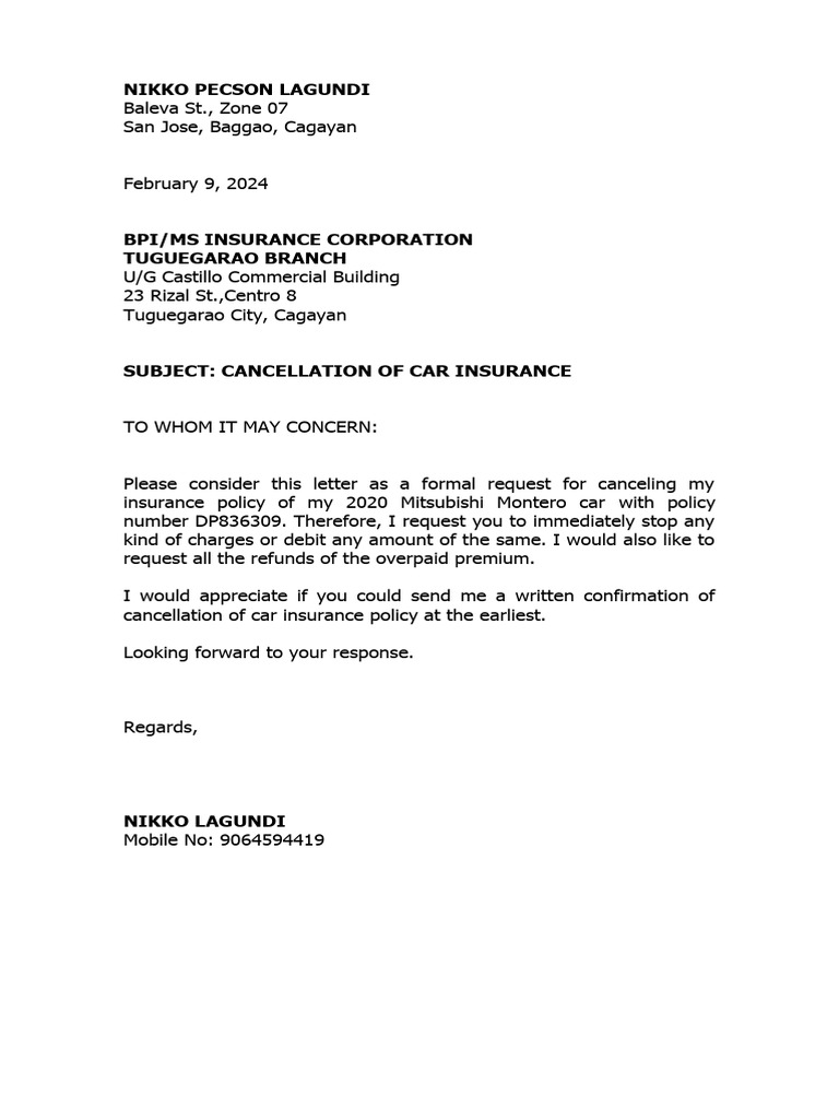 Car Insurance Cancellation Request | PDF