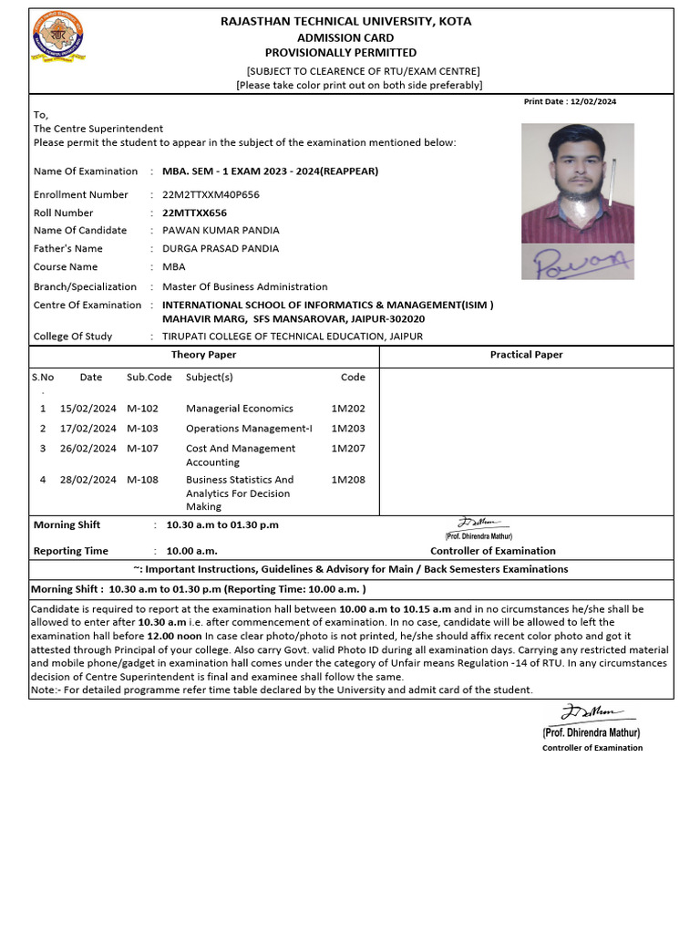 MBA Exam Admit Card 2023-24 | PDF | Master Of Business Administration ...