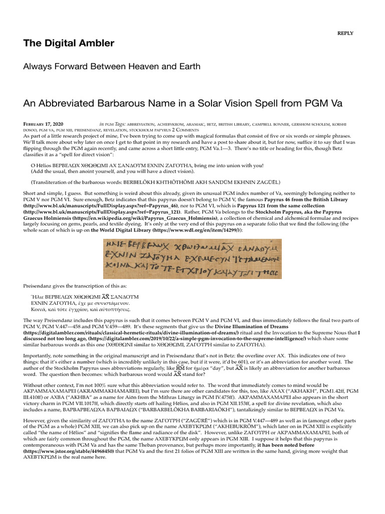 Abbreviated Barbarous Names in PGM Va | PDF | Anointing