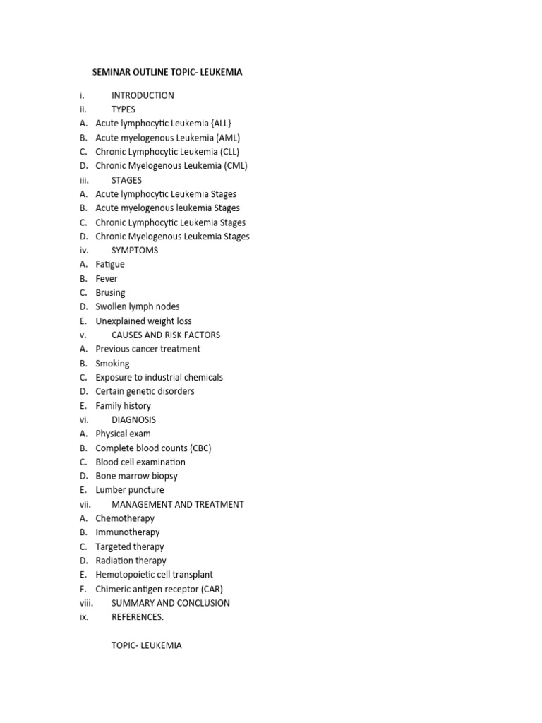 SEMINAR OUTLINE TOPIC Leuke | PDF | Leukemia | White Blood Cell