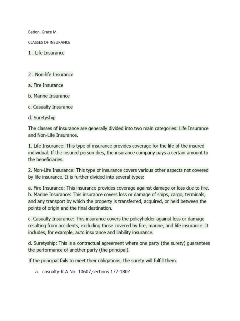 Bation Grace Classes of Insurance | PDF | Insurance | Surety