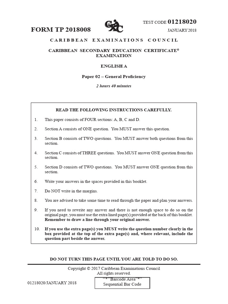 CSEC English A January 2018 P2 | PDF | Spanish Language | Barcode