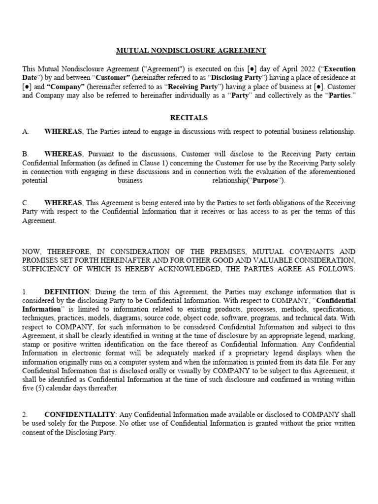 NDA | PDF | Non Disclosure Agreement | Confidentiality