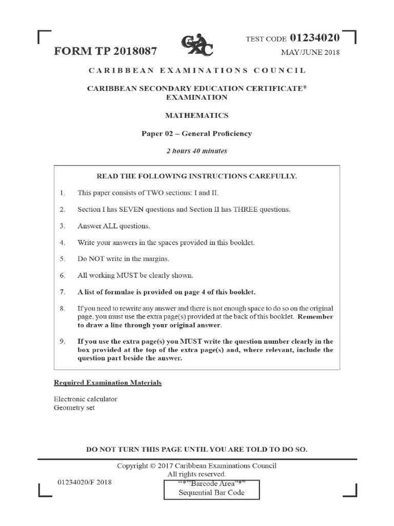 CSEC Mathematics June 2018 P2 | PDF | Area | Barcode