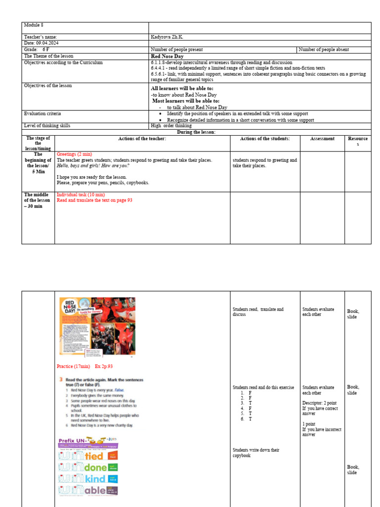 Red Nose Day and Shopping Lesson Plan | PDF | Curriculum | Cognition