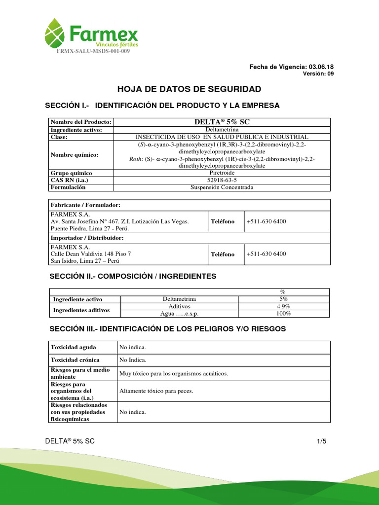 MSDS Farmex DELTA 5 SC v06 | PDF | Agua | Contaminación