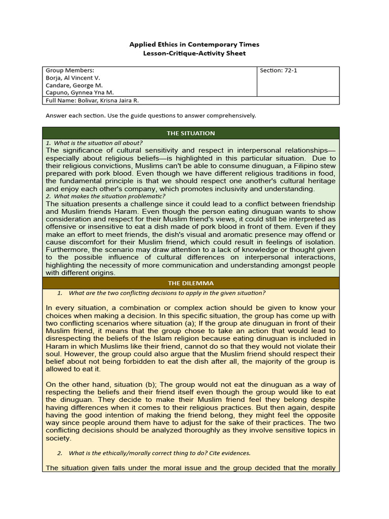 FA1+ +lesson Critique Activity Sheet | PDF | Morality | Behavioural Sciences