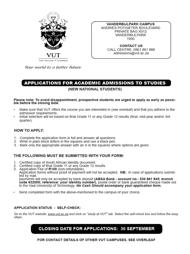 Vut National Applications Form Updated | Download Free PDF ...