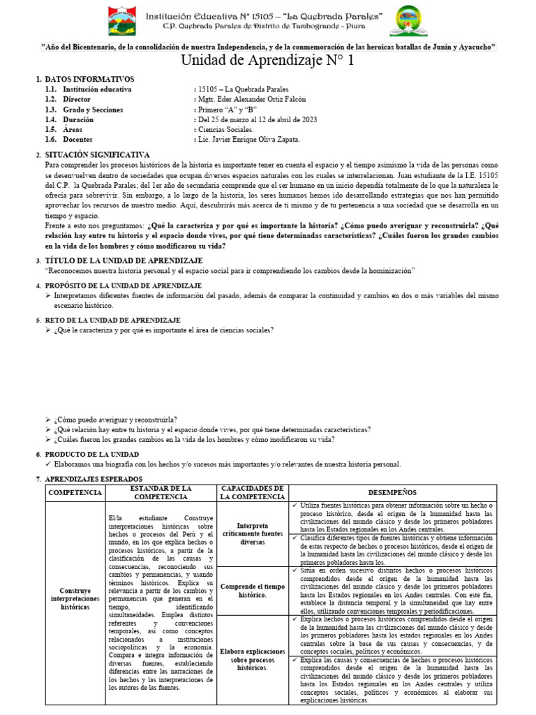 Unidad de Aprendizaje #1 - Primero | PDF | Aprendizaje | Evaluación