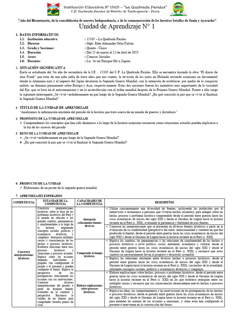 Unidad de Aprendizaje #1 - Quinto | PDF | Aprendizaje | Evaluación