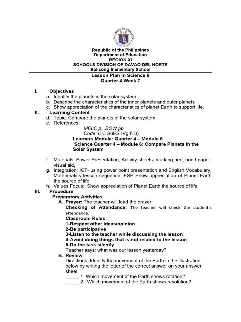 Cot Science 6 q3 Week 5 | PDF | Planets | Solar System