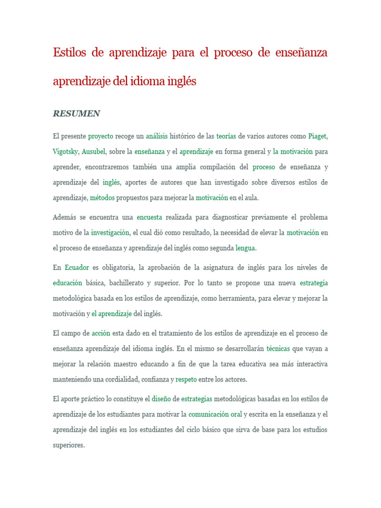 Estilos de Aprendizaje para El Proceso de Enseñanza Aprendizaje Del Idioma Inglés | PDF ...