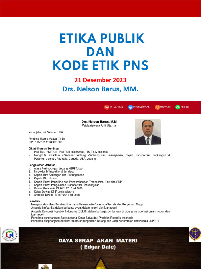 Etika Publik Dan Kode Etik ASN - Nelson Barus | PDF | Karier & Perkembangan