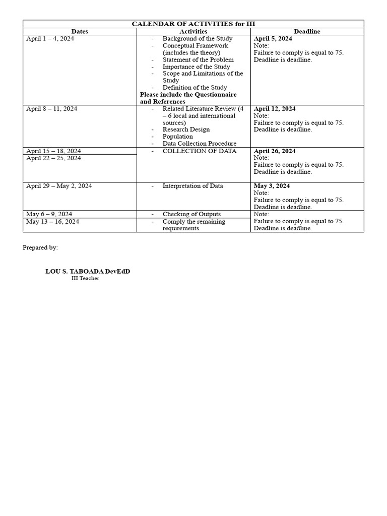 III Activities Calendar and Deadlines | PDF