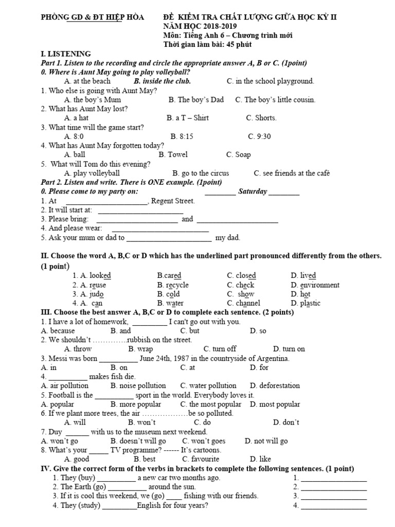 ĐỀ GIỮA HKII ANH 6 | PDF