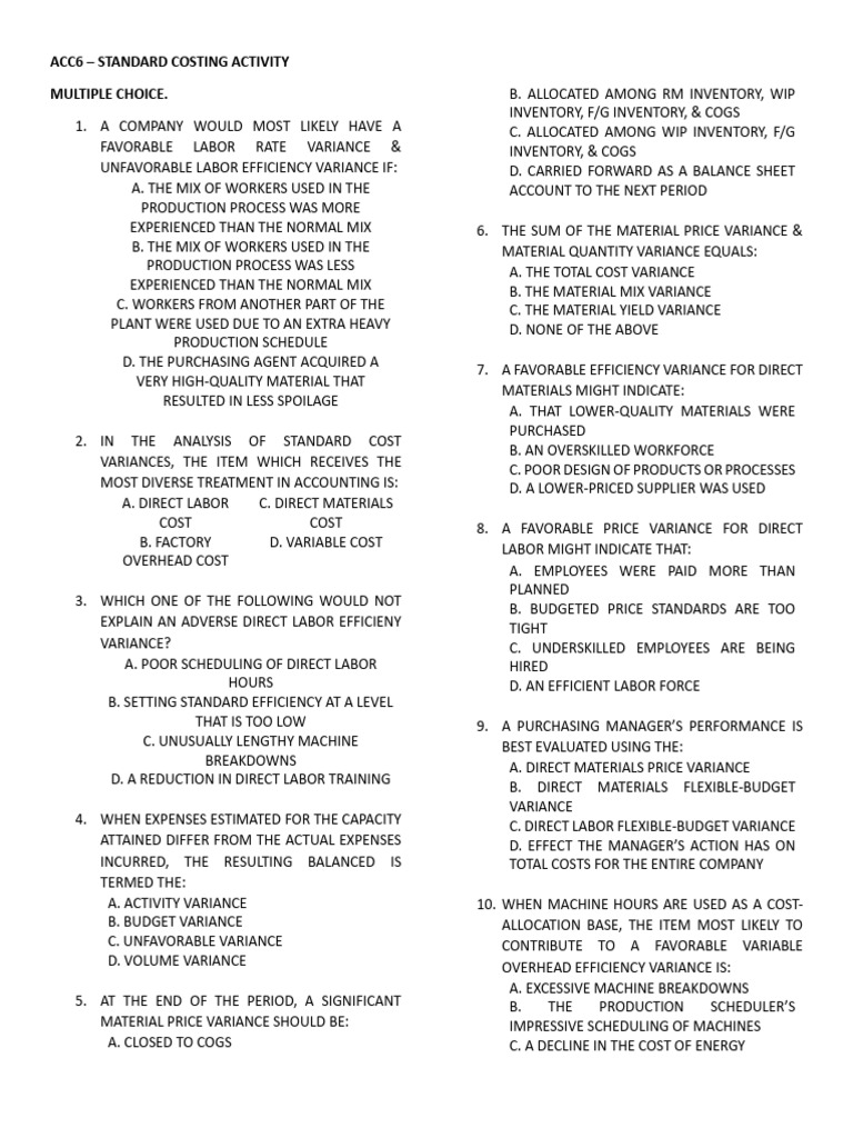 Acc6 Standard Costing Activity | PDF | Inventory | Labour Economics