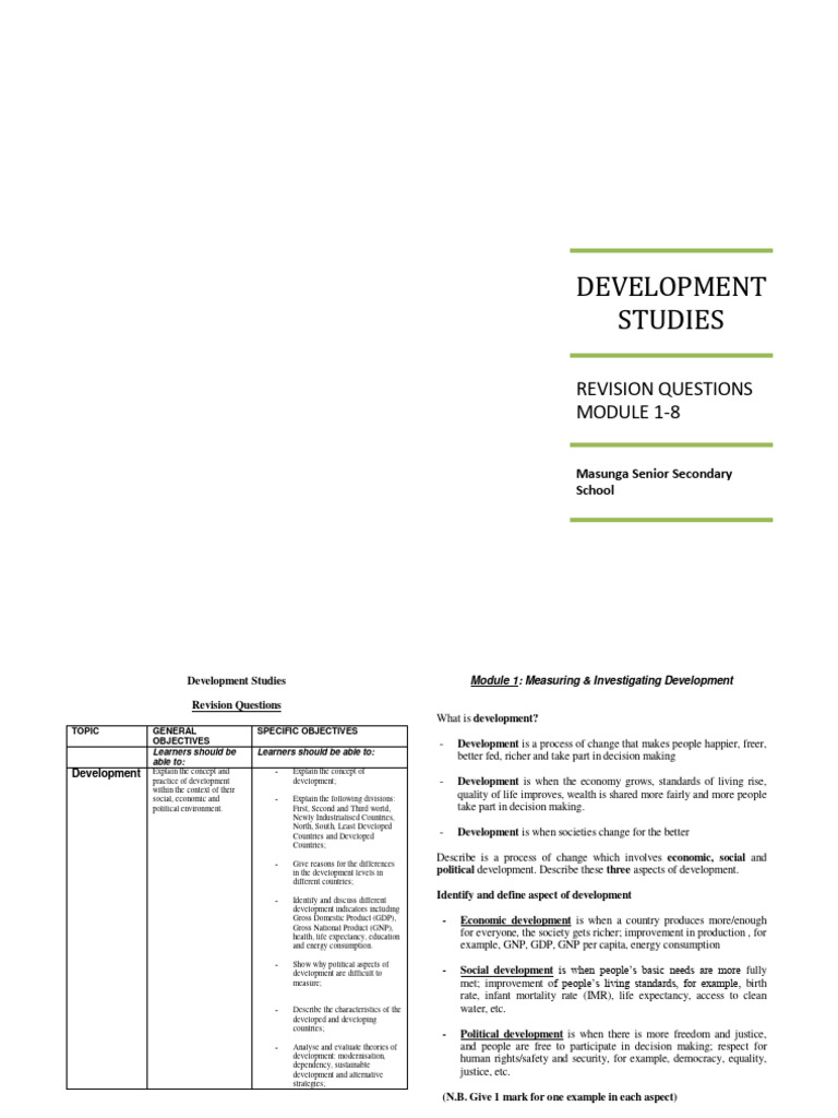 Development Studies Revision Questions - Module 1-8 | Download Free PDF | Infant Mortality ...