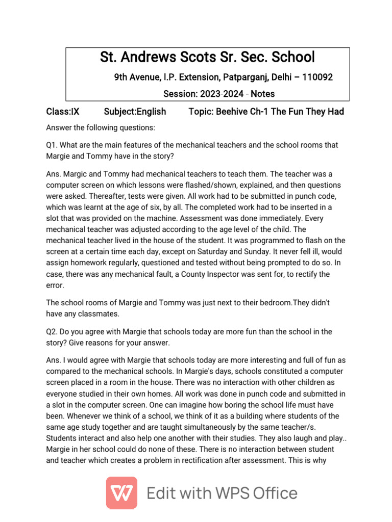 Class 9 English: The Fun They Had Notes | PDF | Books