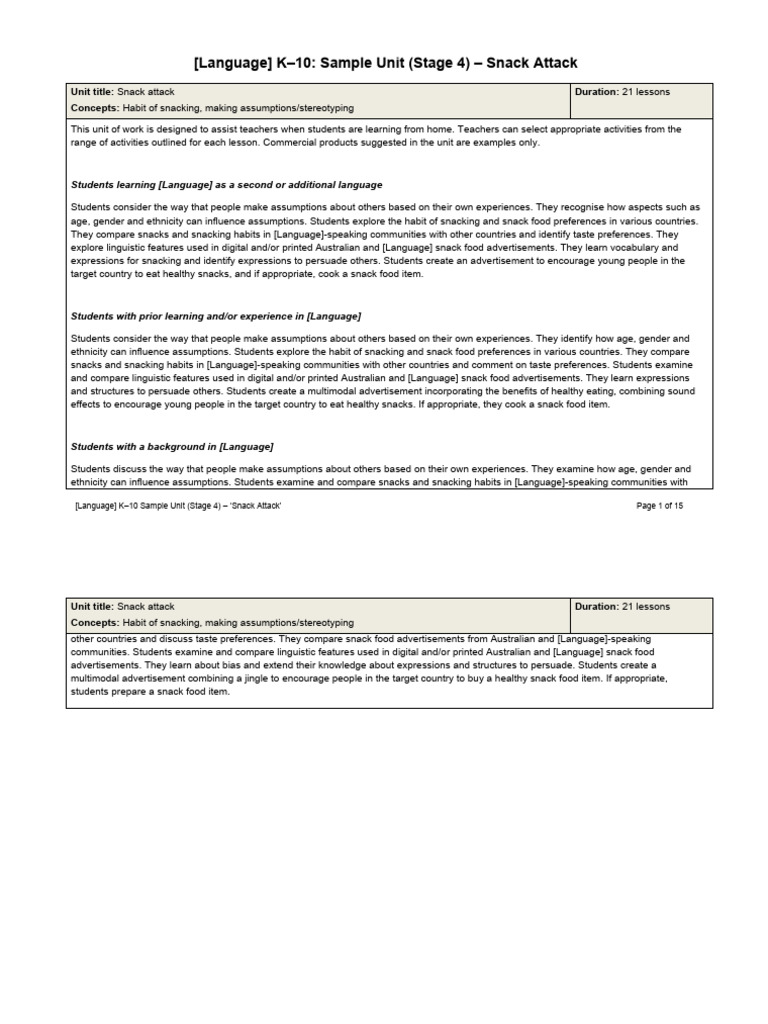 (Language) K-10 (Stage 4) Sample Unit Snack Attack | PDF | Learning | Vocabulary