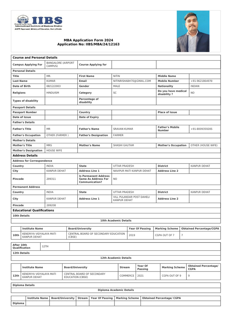 Application Form IIBS MBA 24 12163 | PDF