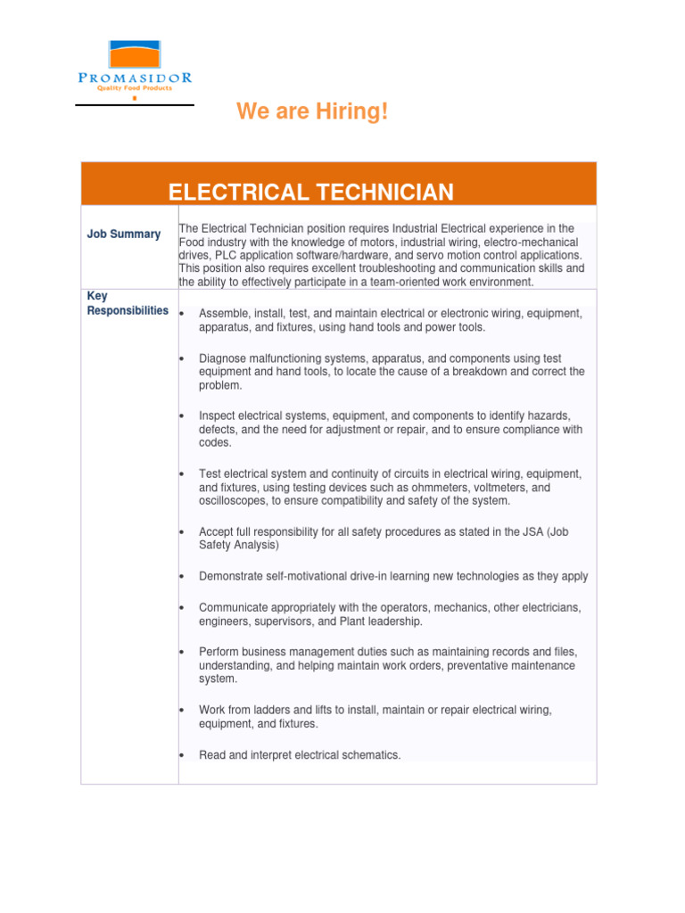 Job Advert - Electrical Technician | PDF | Electrician