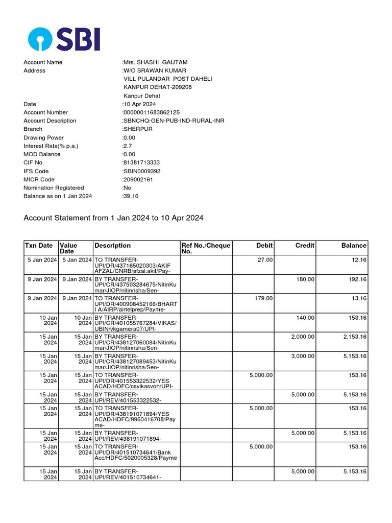 Statement 1 Jan 24 To 10apr 24 | PDF | Services (Economics) | Service ...