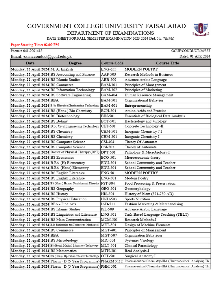 Faisalabad Exam Date Sheet 2024 | PDF | Bachelor Of Science | Computer Science