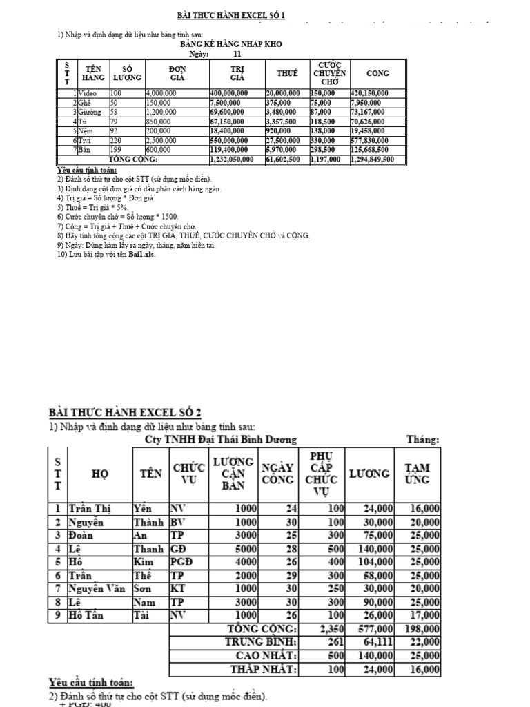 30+ Bài Tập Excel Có Lời Giải | PDF