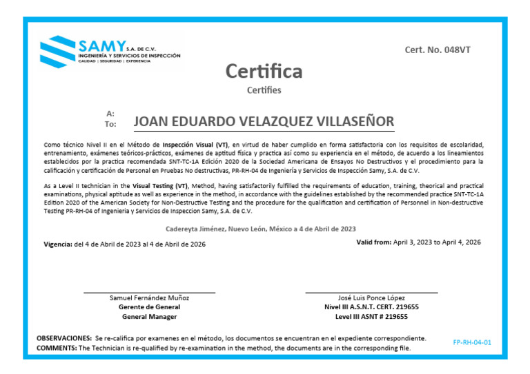 VT Cert - Samy Joan Eduardo Velazquez Villaseñor | PDF | Ingeniería | Pruebas no destructivas