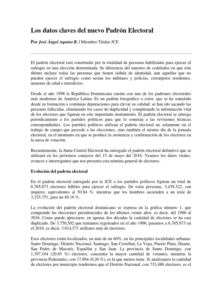 Los Datos Claves Del Nuevo Padron Electoral PDF 284 5202 | PDF | República Dominicana ...