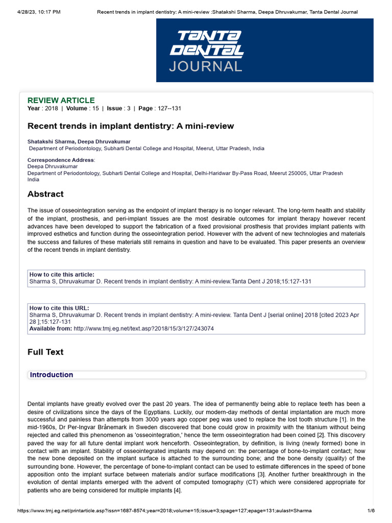 Recent Trends in Implant Dentistry - A Mini-Review - Shatakshi Sharma, Deepa Dhruvakumar, Tanta ...