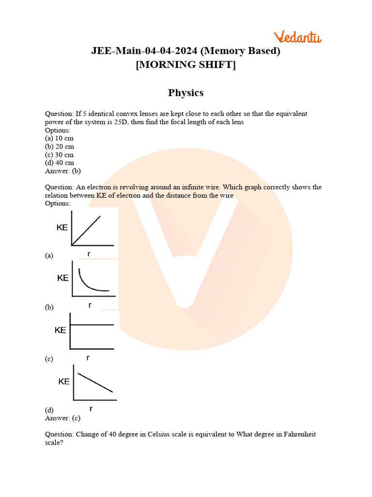 JEE Mains 2024: April 4 Shift 1 Paper | PDF | Acceleration | Electron