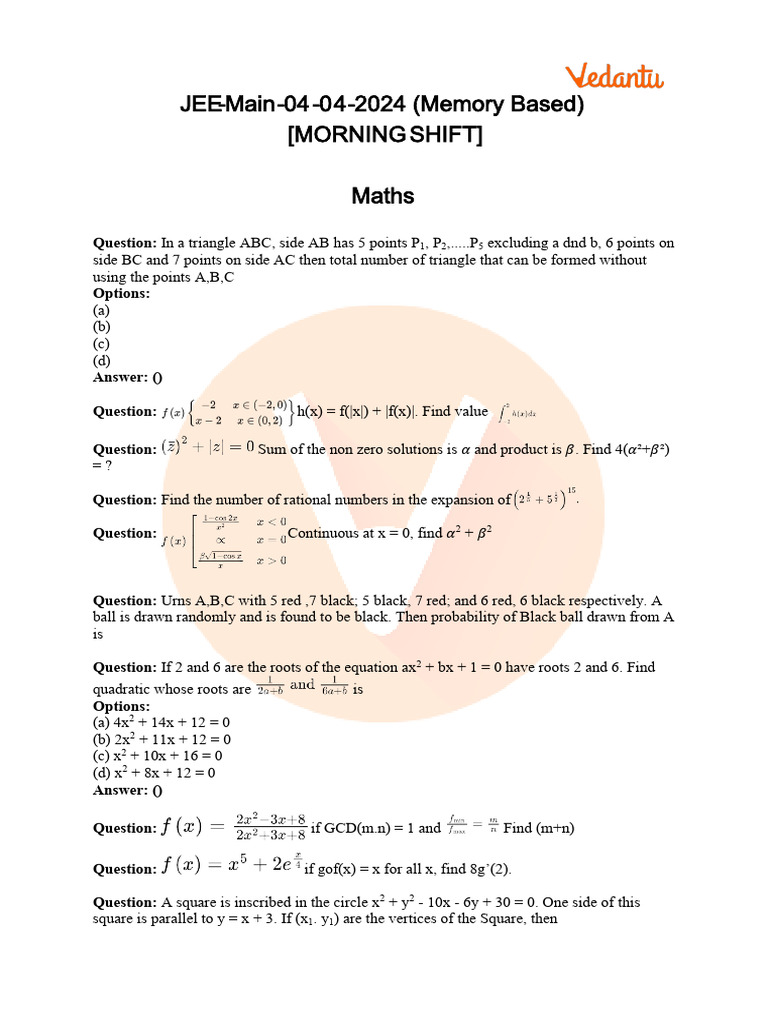 JEE Main 2024 (April 4 Shift 1) Maths Question Paper With Solutions ...