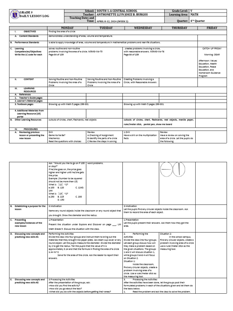 Grade 5 DLL MATH 5 Q4 Week 2 | PDF | Area | Circle